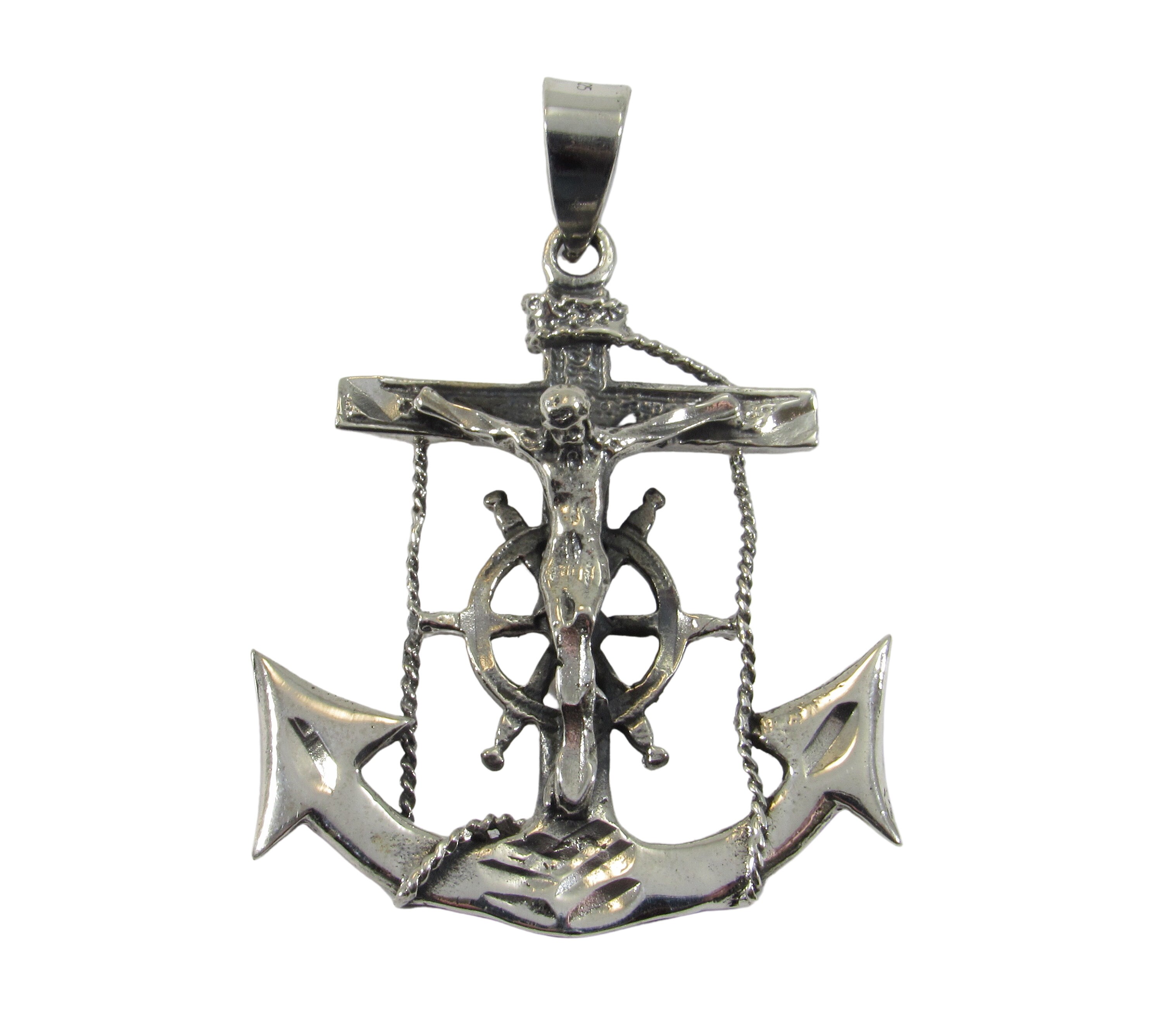 White Gold Mariners Anchor Crucifix Pendant Necklace