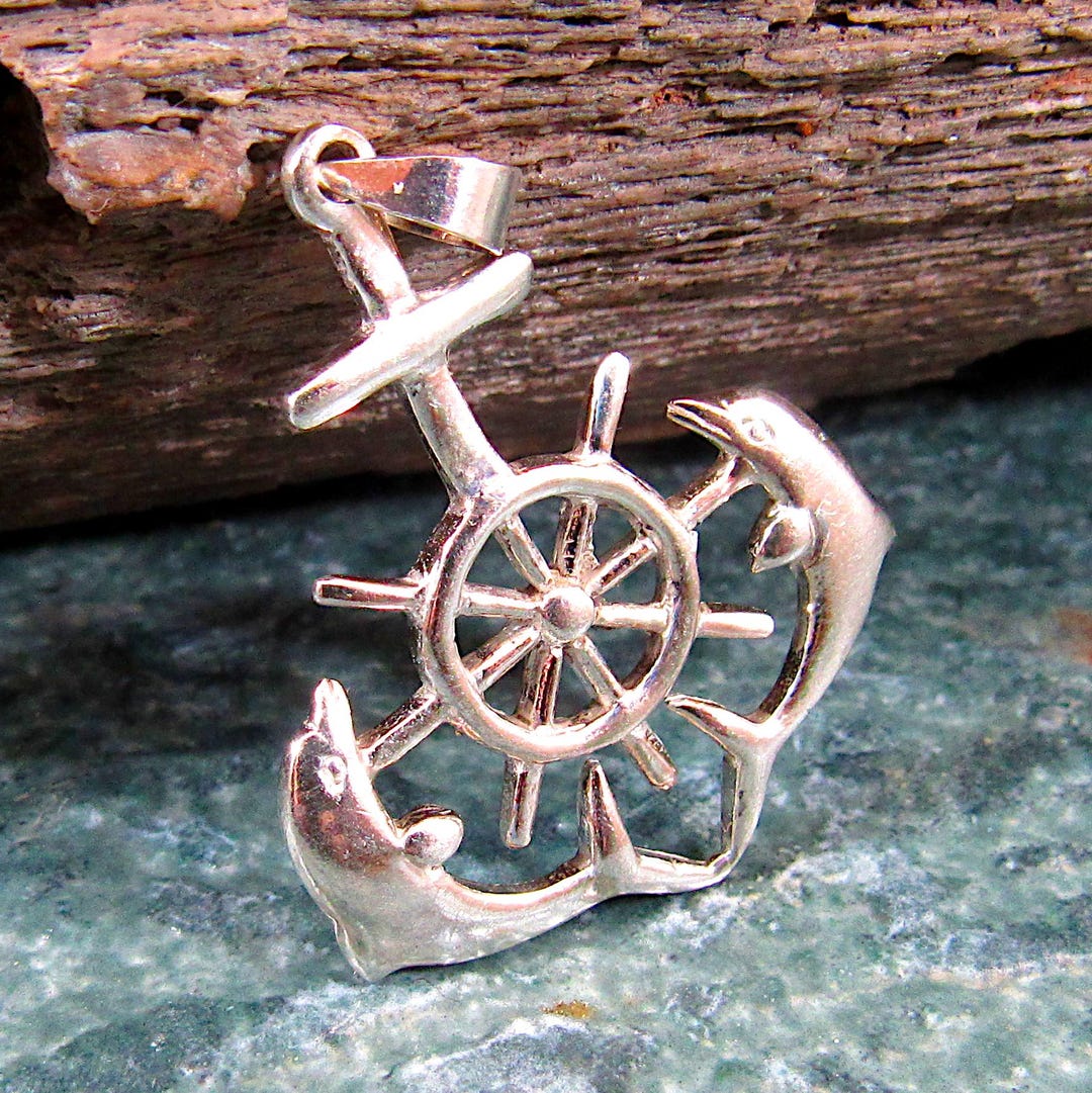 Solid 925 Sterling Silver Ship's Helm, Dolphins, & Anchor Pendant ...
