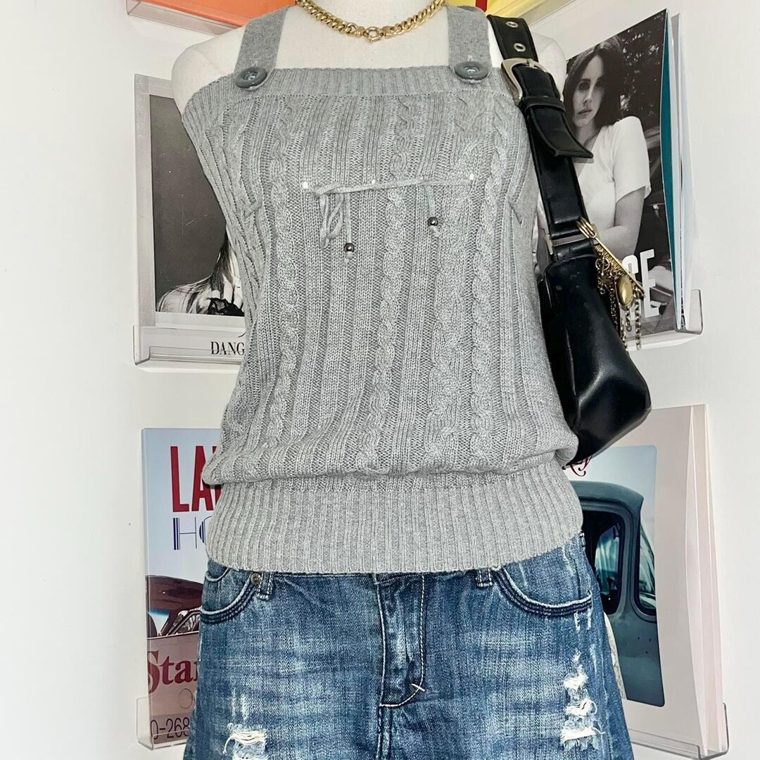 Vintage 2000s Y2k Grey Cable Knit Halter Top - Etsy
