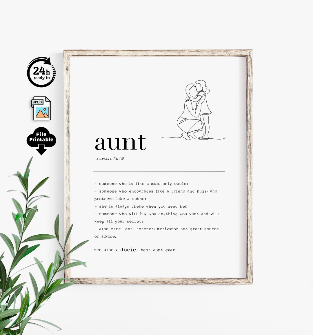 Printable Definition of Aunt, Personalized Aunt Definition, Line Art ...