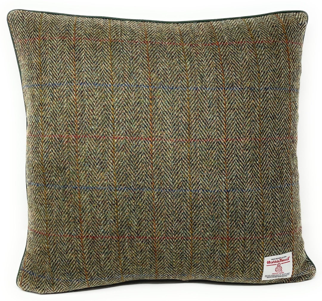 Harris Tweed Cushion Cover – Green Herringbone, 17” Wool Throw Pillow ...
