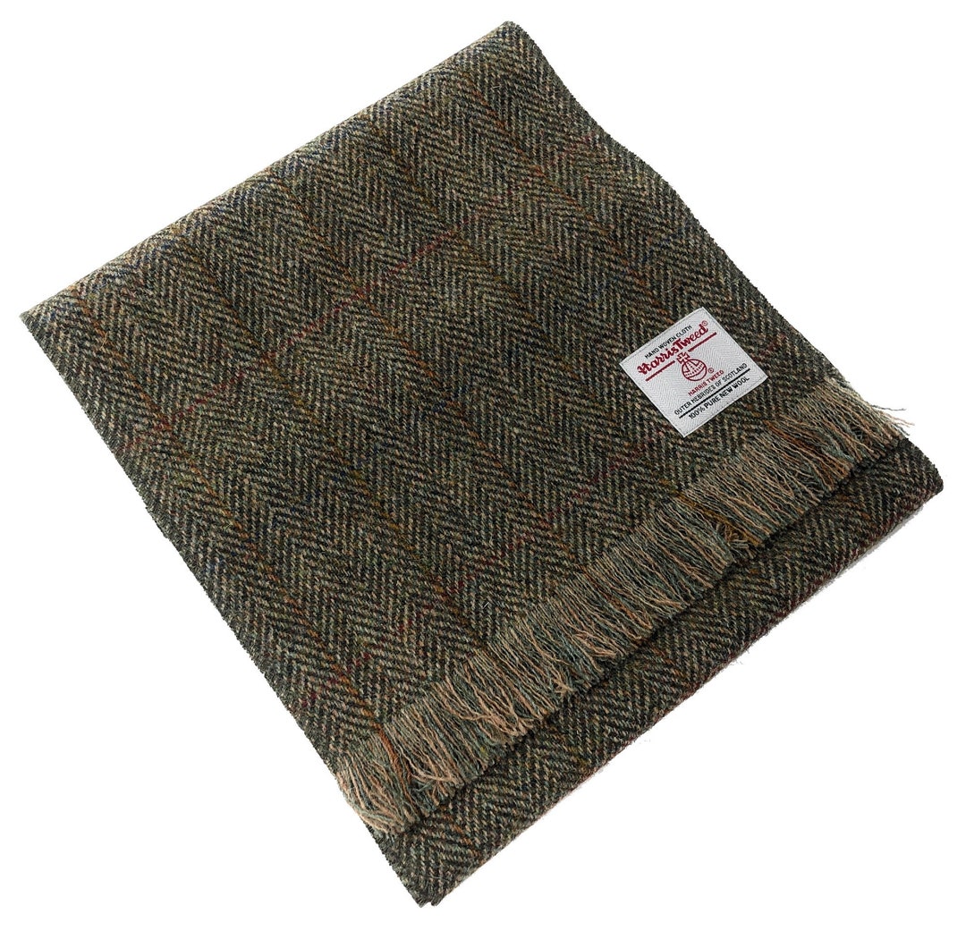 Harris Tweed Scarf in Green Herringbone - Handmade Pure Wool, Fringed ...