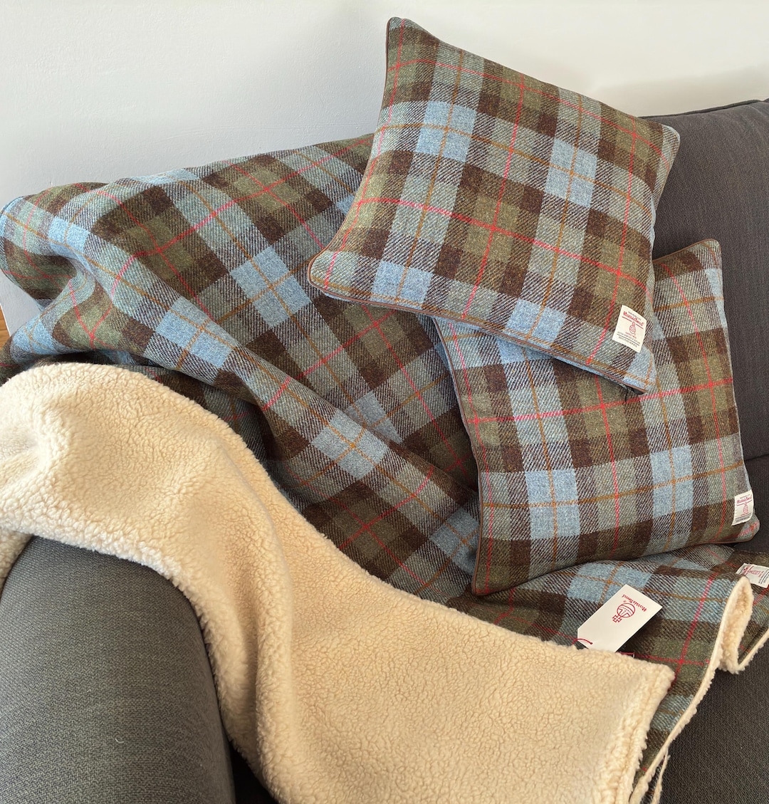 Harris Tweed Throw and Cushion Set | Macleod Tartan Sherpa Fleece Lined ...