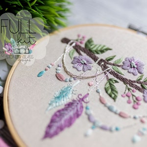 Boho Floral Branch Embroidery Full KIT ~ Flowers Feathers Gemstones ...