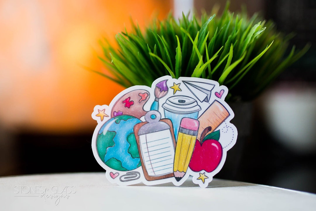 Stickers ~ Teacher Gift School Art Earth Apple Pencil Clipboard Paper ...