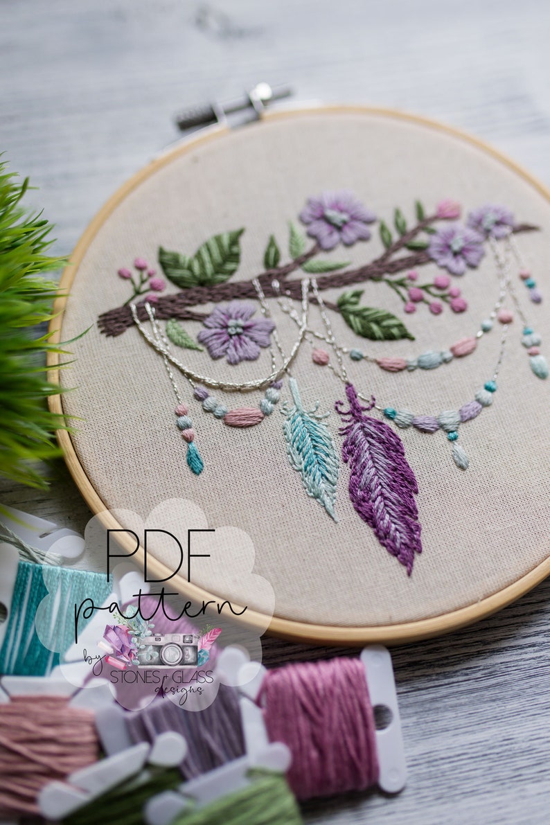 Boho Floral Branch Embroidery Pattern ~ Flowers Feathers Gemstones ...