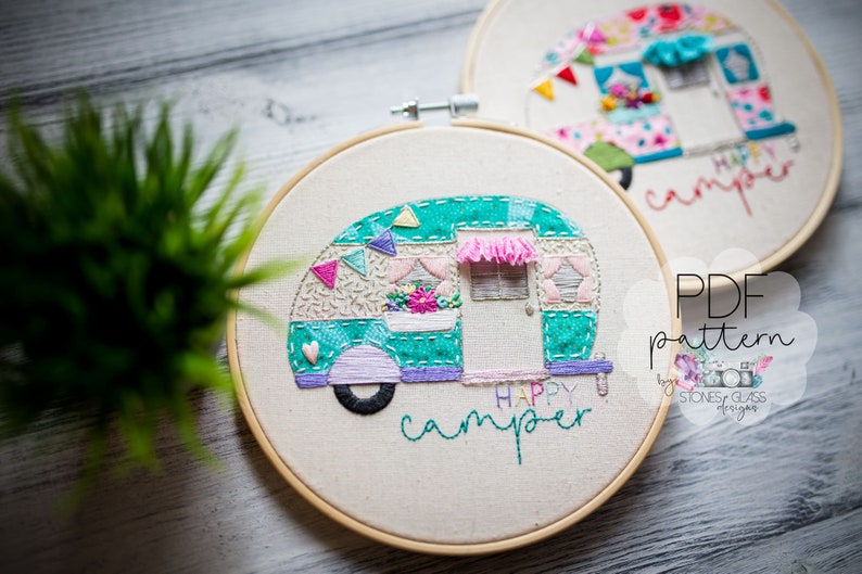 Happy Camper Embroidery Pattern ~ Vintage Camper ~ Camping Trailer ...