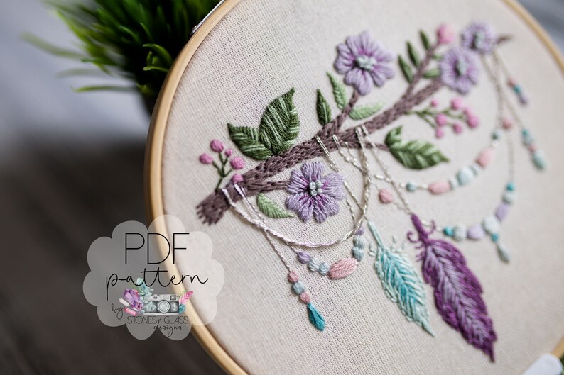 Boho Floral Branch Embroidery Pattern ~ Flowers Feathers Gemstones ...