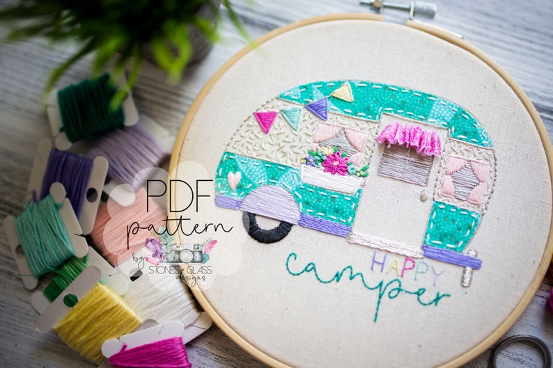 Happy Camper Embroidery Pattern ~ Vintage Camper ~ Camping Trailer ...