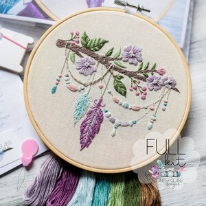 Boho Floral Branch Embroidery Full KIT ~ Flowers Feathers Gemstones ...