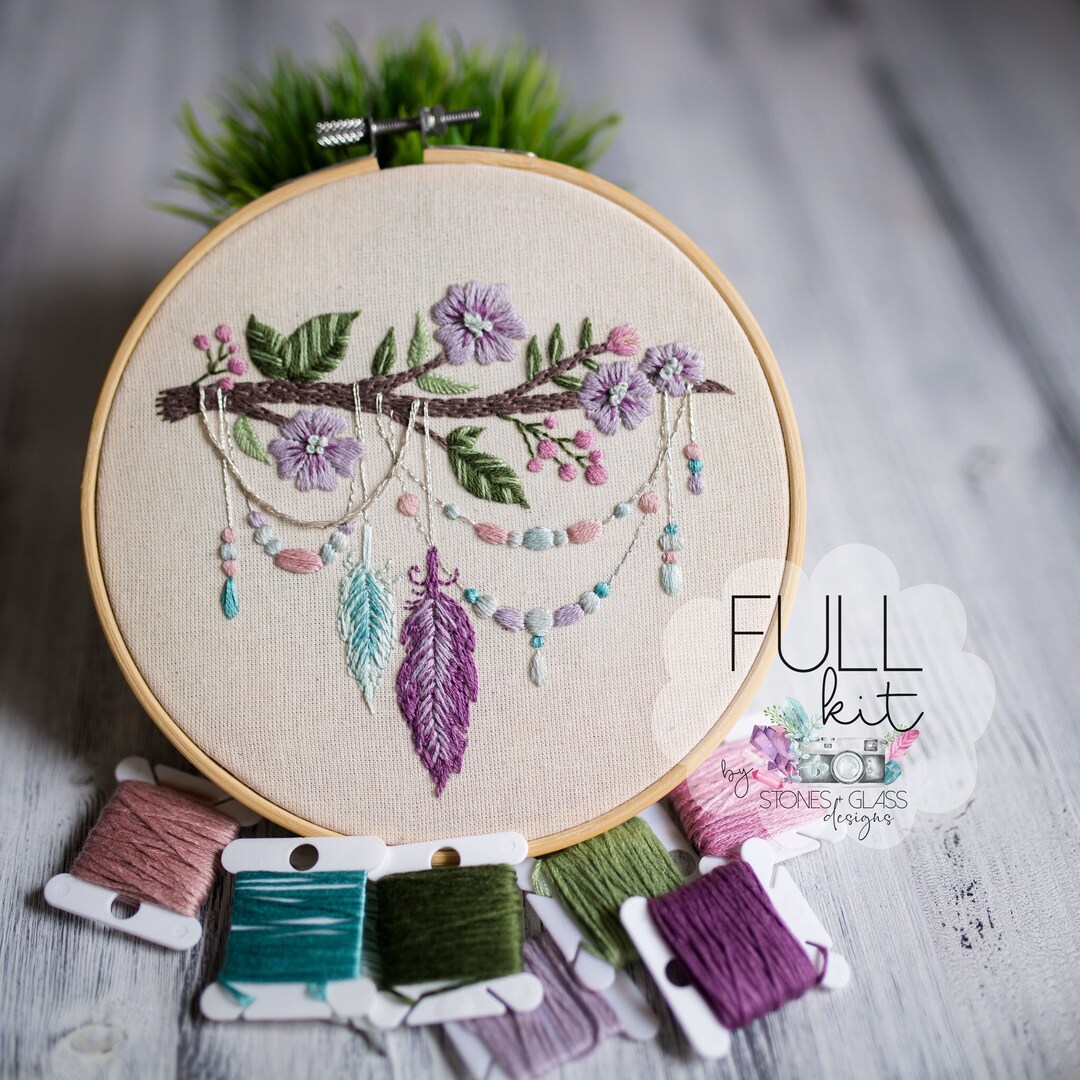 Boho Floral Branch Embroidery Full KIT ~ Flowers Feathers Gemstones ...