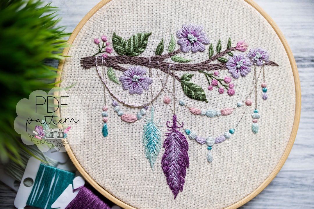 Boho Floral Branch Embroidery Pattern ~ Flowers Feathers Gemstones ...