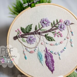 Boho Floral Branch Embroidery Pattern ~ Flowers Feathers Gemstones ...