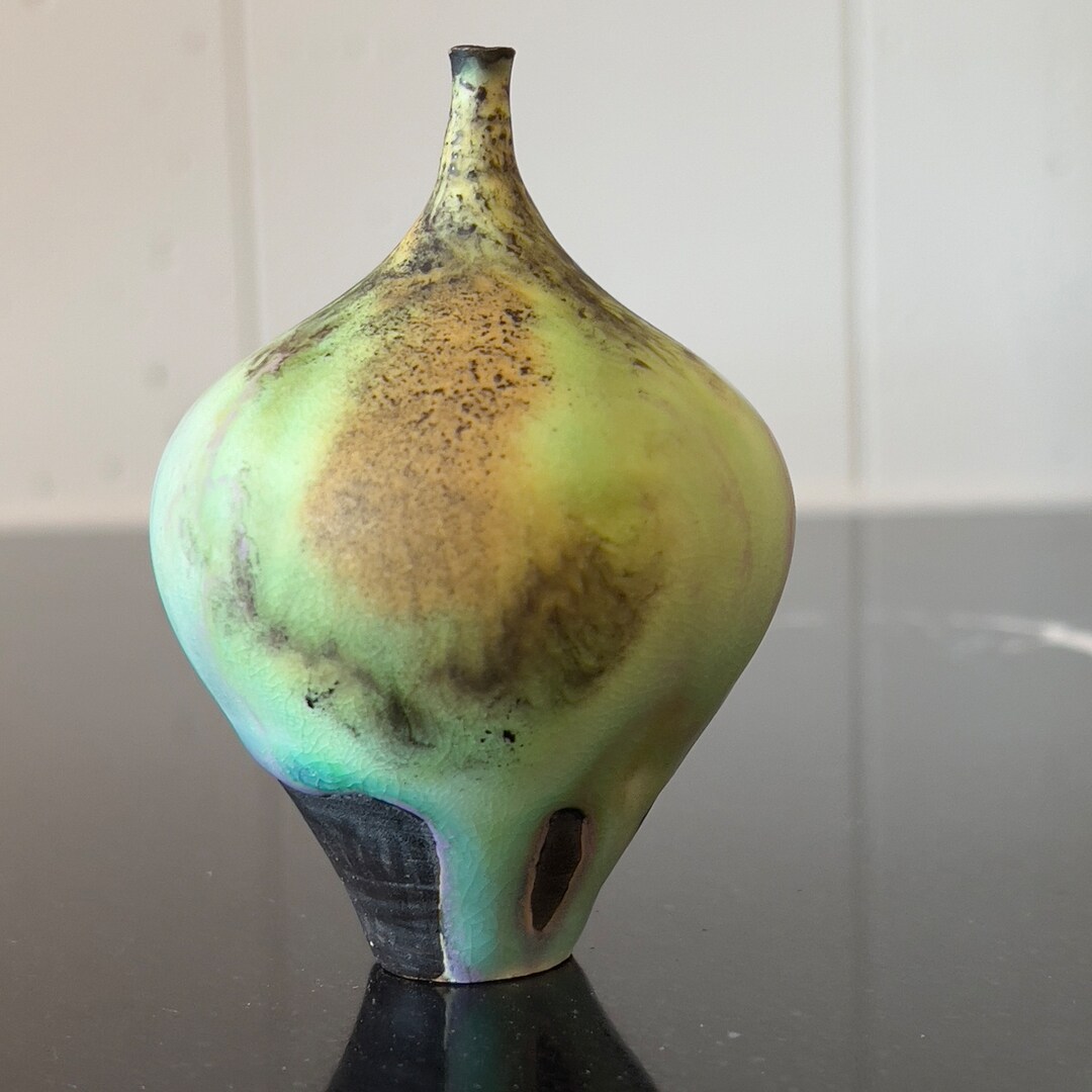 Rose Cabat Feelie Green With Rust Charcoal And Lavender Glazing 1970s
