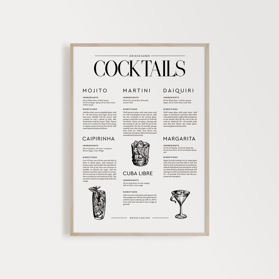 Printable Cocktail Poster Nordic Wall Print, Signature Drinks Bar Cart ...