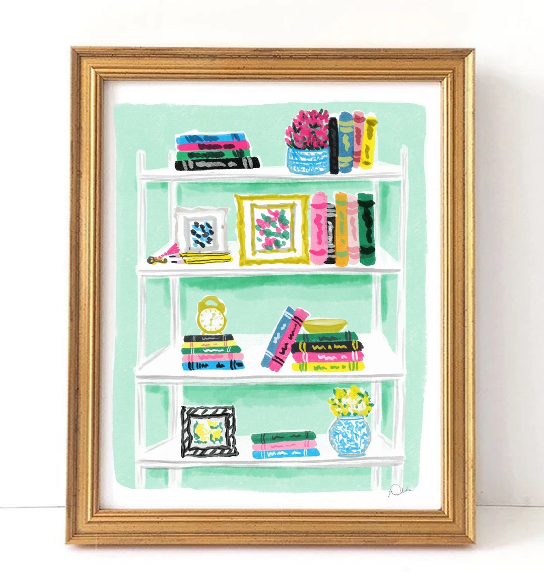 Preppy Bookshelf - Watercolor Bookshelf, Fashion Art Print, Fashion ...