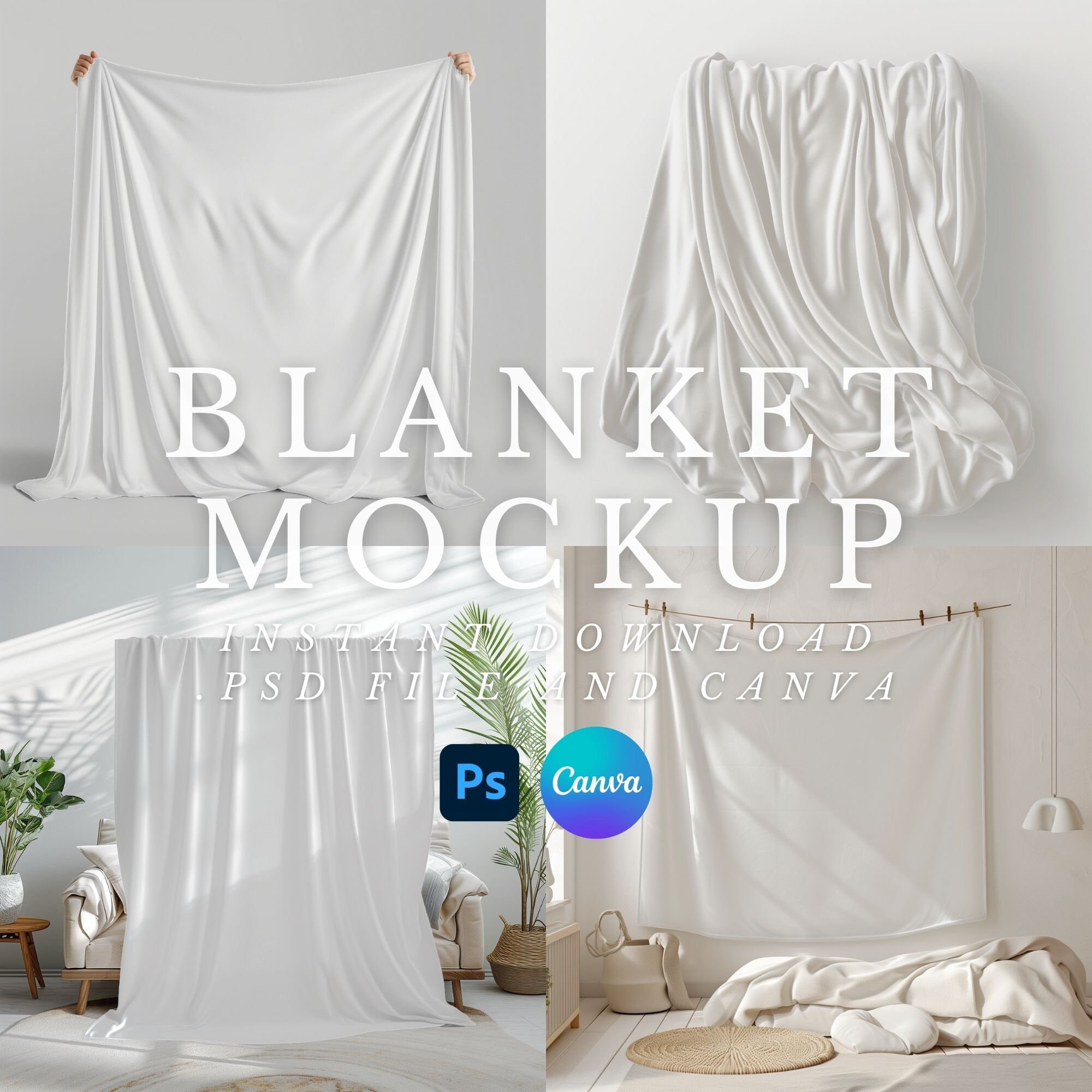 Blanket Mockup Bundle, Canva Drag & Drop, PNG, PSD Smart Object,mockup ...