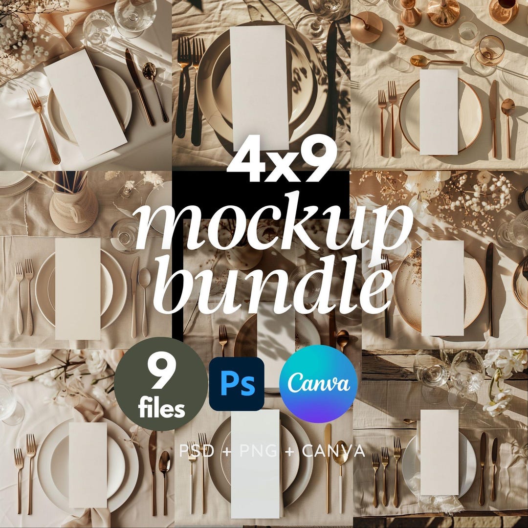 Bundle of 9 Wedding Menu Card Mockups | 4x9 Editable Menu and ...