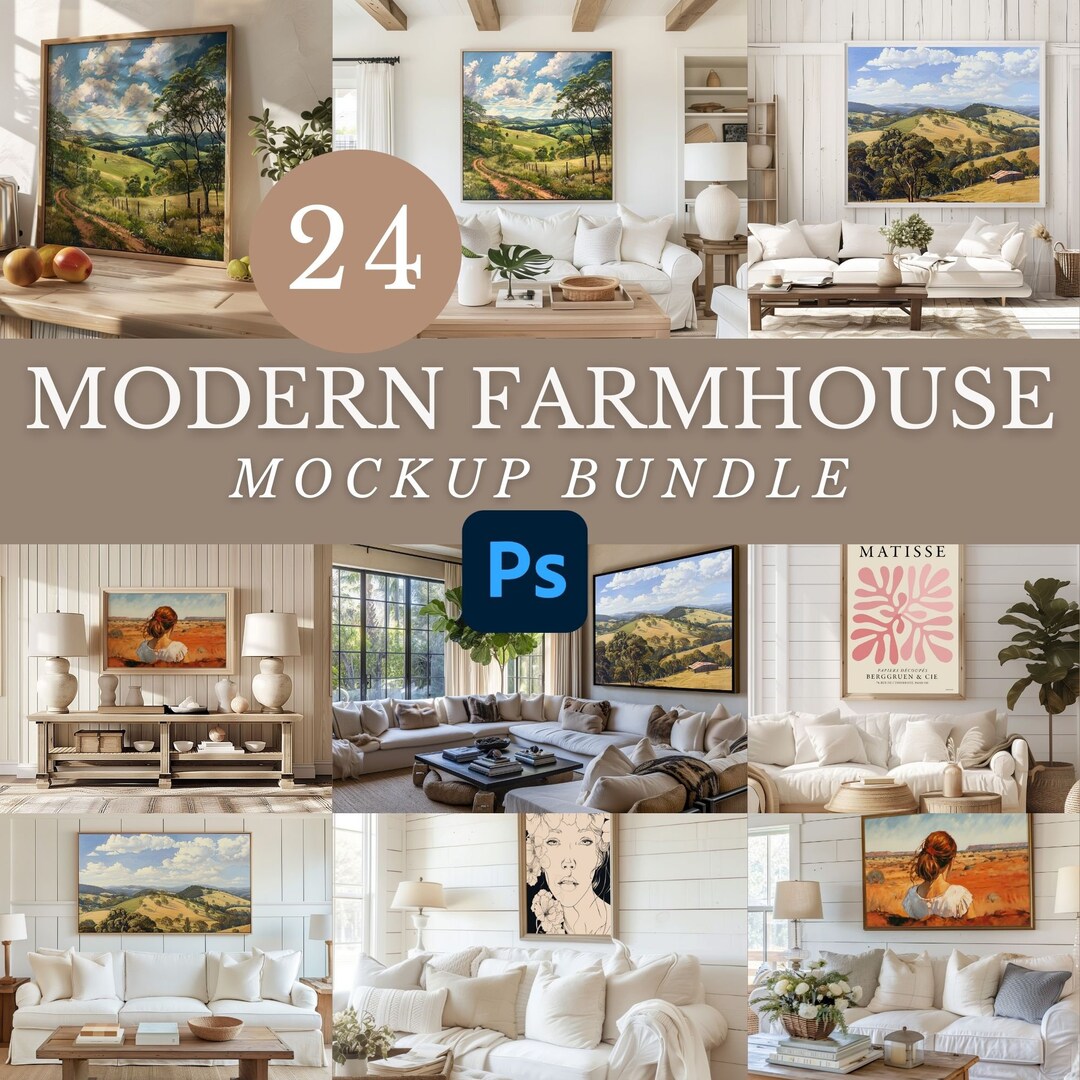 Modern Farmhouse BUNDLE of 24 TV Frame Mockup, Living Room Mockup ...