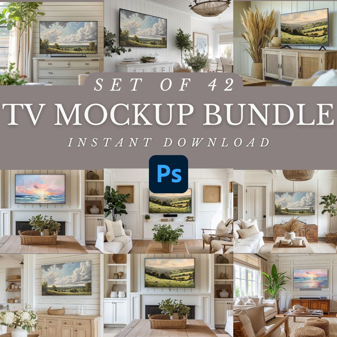 Modern Farmhouse BUNDLE of 42 TV Frame Mockup, Living Room Mockup ...