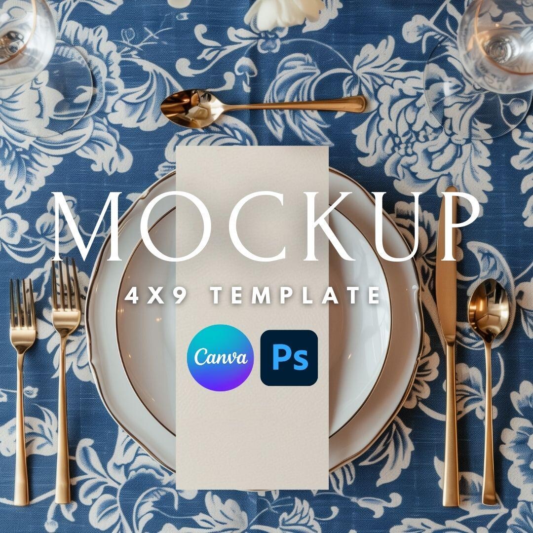 Blue + White 4x9 Menu Mockups | Whimsical Floral Wedding Mockup ...