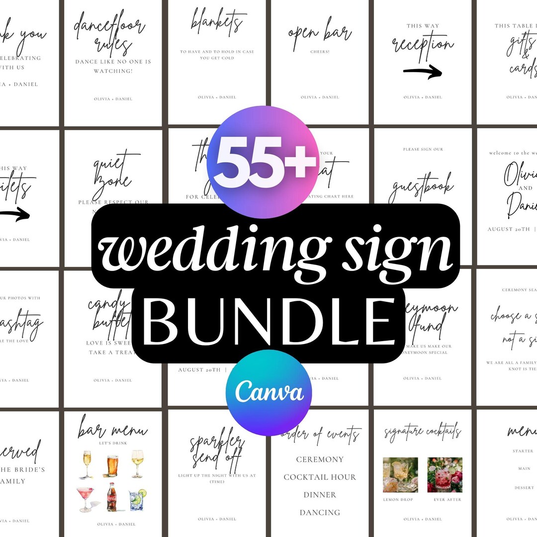 Modern Minimalist Wedding Signs Bundle, 50 Reception Table Signs Set ...