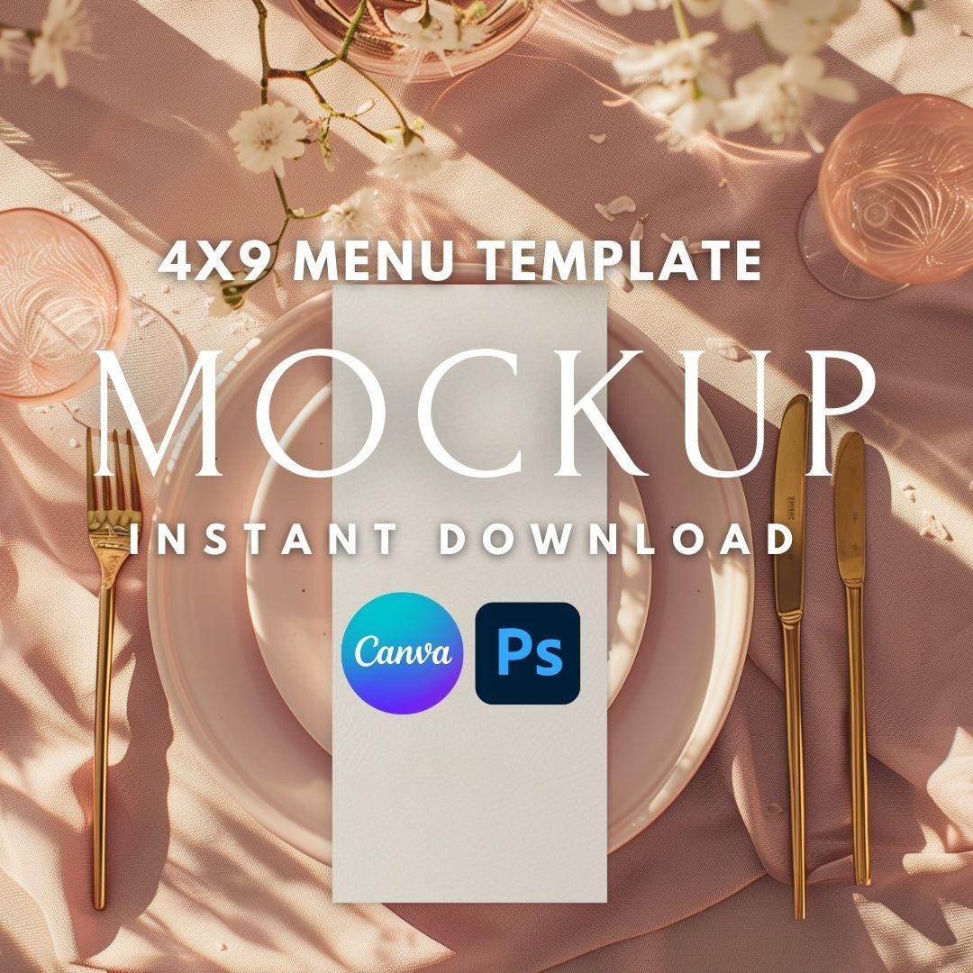Blush Sunset 4x9 Wedding Menu Mockup | Warm Gold Flat Lay for Elegant ...