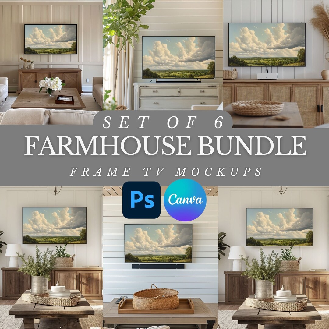 Modern Farmhouse Bundle of 6 TV Frame Mockup, Canva Mockup, Living Room ...