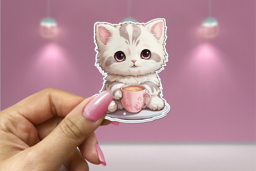 Cute Cat Sticker Kawaii Tea Cup Sticker Kitten Coffee Sticker Cute ...