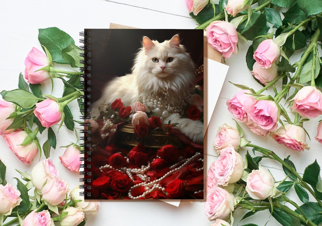 Beautiful Cat Notebook Red Roses Romantic Victorian Cat White Long Hair ...