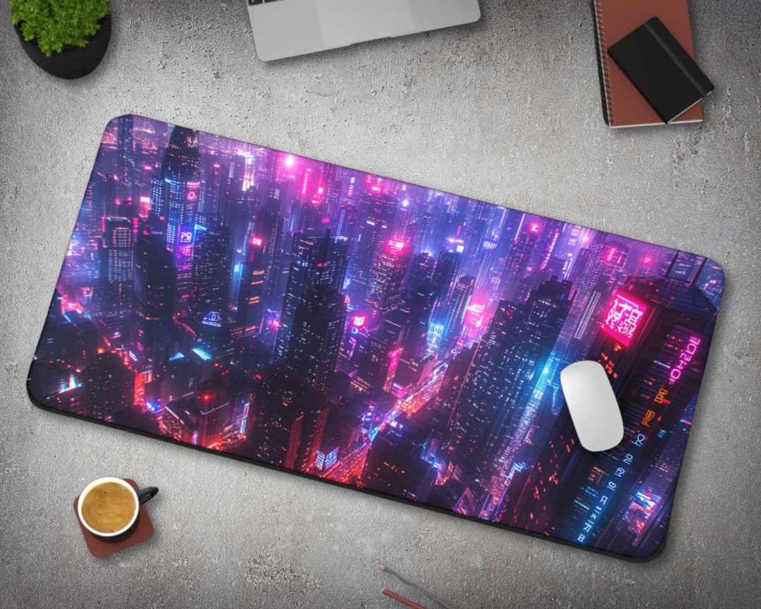 Cyberpunk City Desk Mat - Neon Cityscape Gaming Mousepad, Cool Office ...