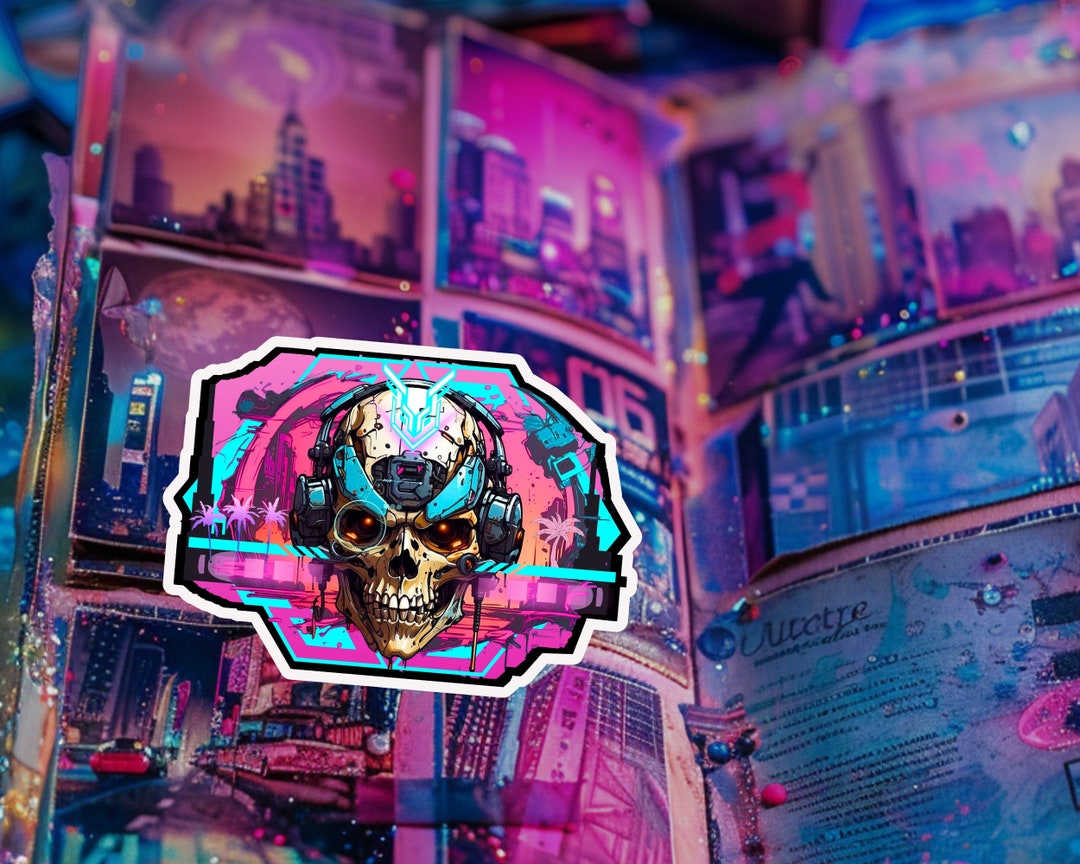 Futuristic Cyberpunk Sticker - Cool Skull Design, Neon Laptop Decal ...