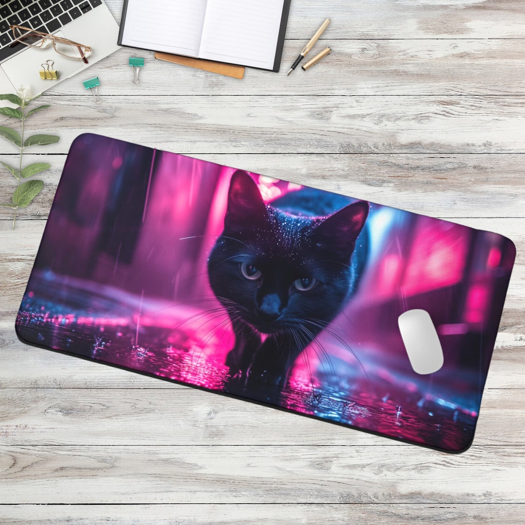 Cyberpunk Cat Desk Mat Cat Office Desk Mat Futuristic City Cat Desk Mat ...