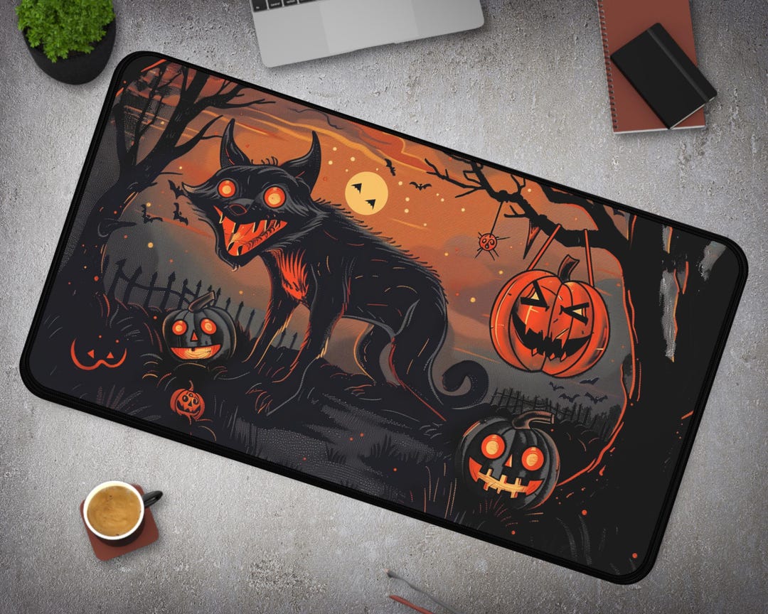 Creepy Cute Black Cat Desk Mat, Large Halloween Gaming Mat Perfect for ...