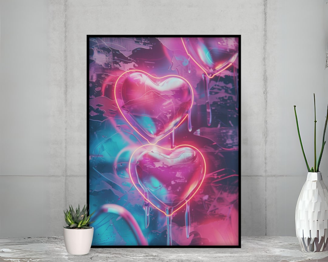 Neon Poster - Retro 80s Style Hearts Perfect Wall Art for Game Rooms ...