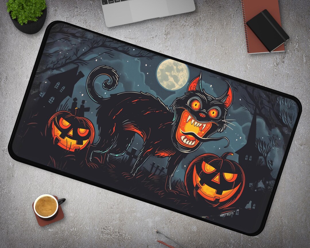 Creepy Cute Large Gaming Mat, Halloween Black Cat Desk Mat for Spooky ...