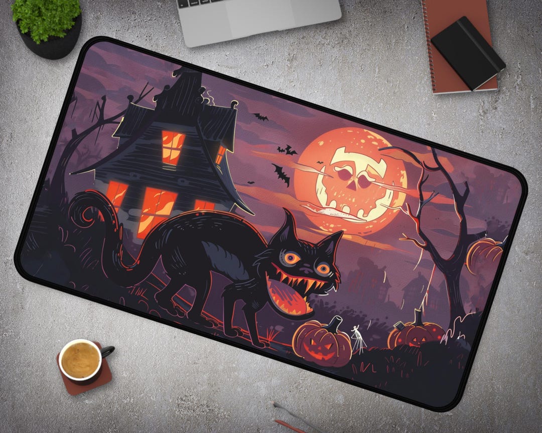 Creepy Cute Halloween Black Cat Desk Mat, Spooky Season Gaming Mat for ...