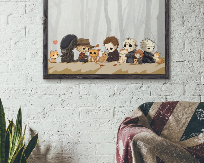 Cute Horror & Cats Chibi Slasher Poster, Scary Movie Characters Wall ...
