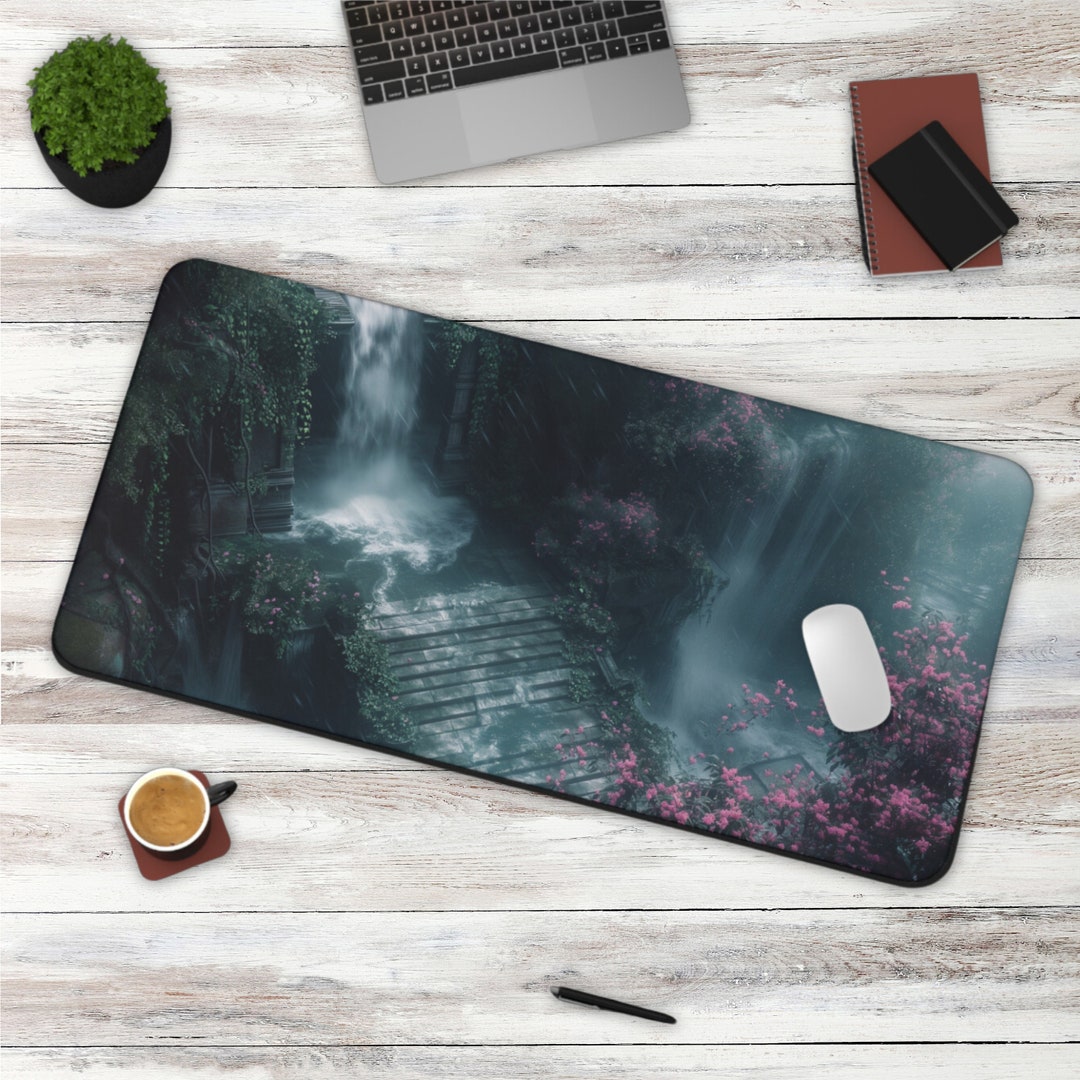 Floral Desk Mat - Beautiful Fantasy Landscape, Pink Flowers & Gothic ...