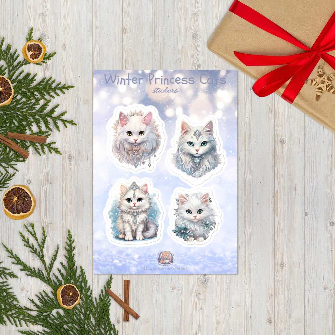 Beautiful Cat Sticker Sheet Princess Winter Cat Sticker Long Hair White ...