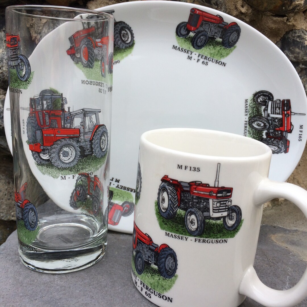 Massey Ferguson Tractor Designs on 3 Piece Ceramic and Glassware Snack ...