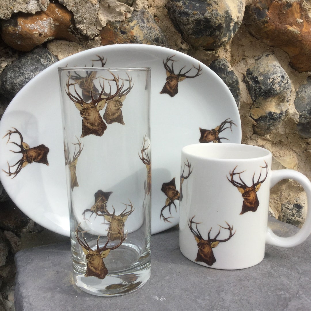 Stag Design on 3 Piece Ceramic & Glassware Snack Set - Etsy