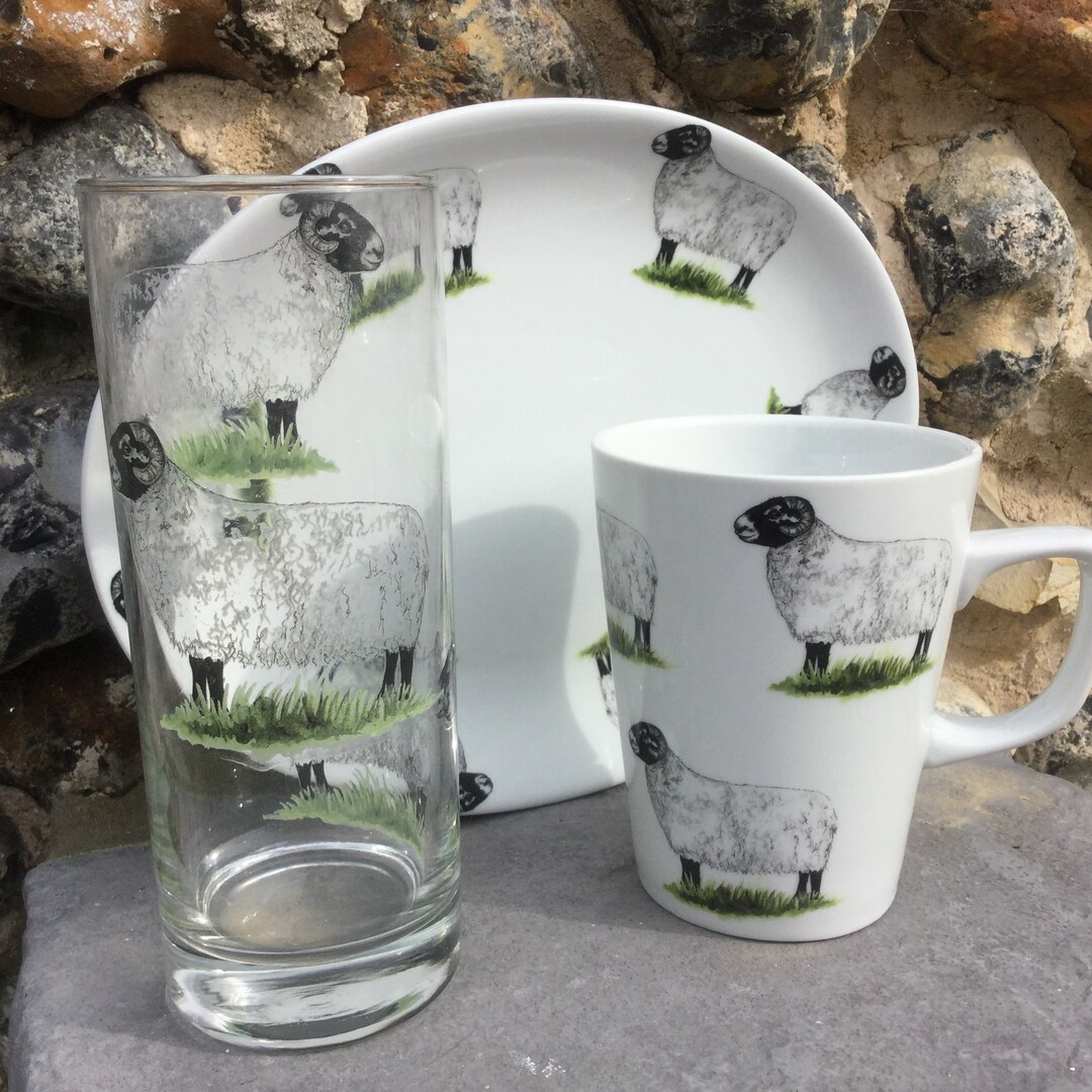 Black Faced Sheep Design on 3 Piece Ceramic and Glassware Snack Set - Etsy
