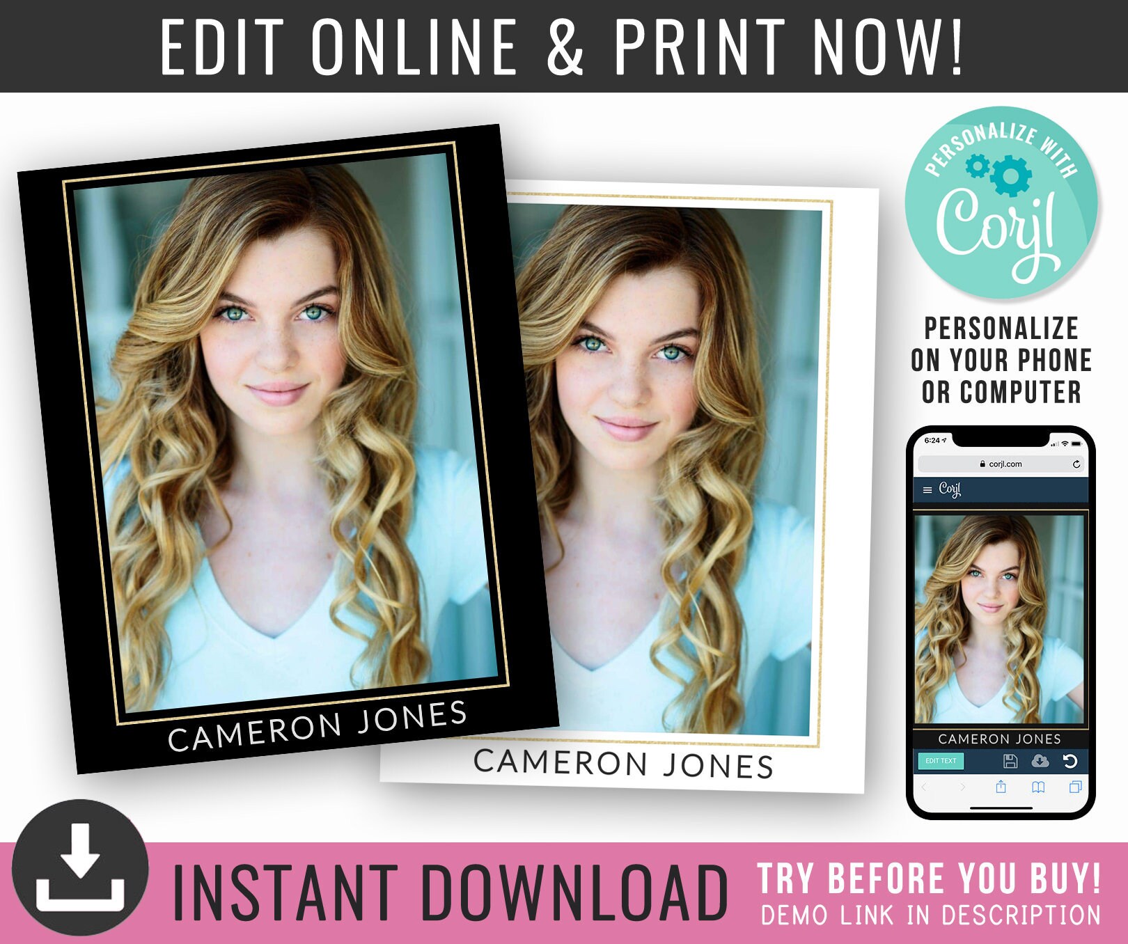 Gold Frame | Acting Headshot Template | 8x10 Headshot Template | Actor ...