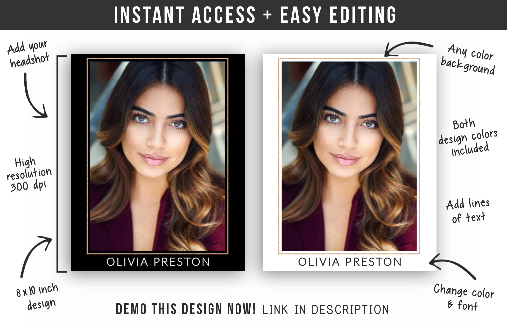 Rose Gold Frame | Acting Headshot Template | 8x10 Headshot Template ...