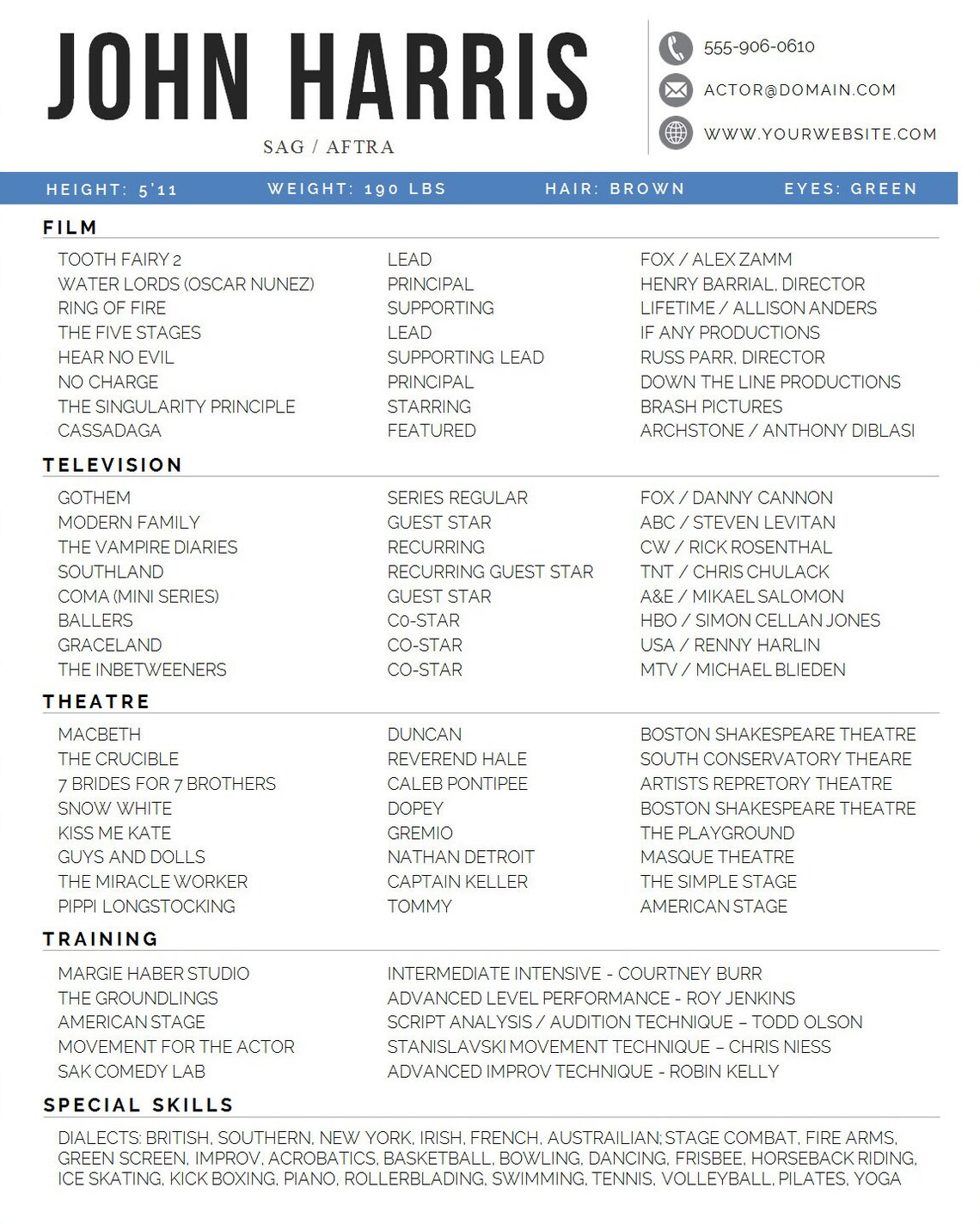 Actor Resume Template / 8 X 10 Acting Resume / Instant Digital Download ...