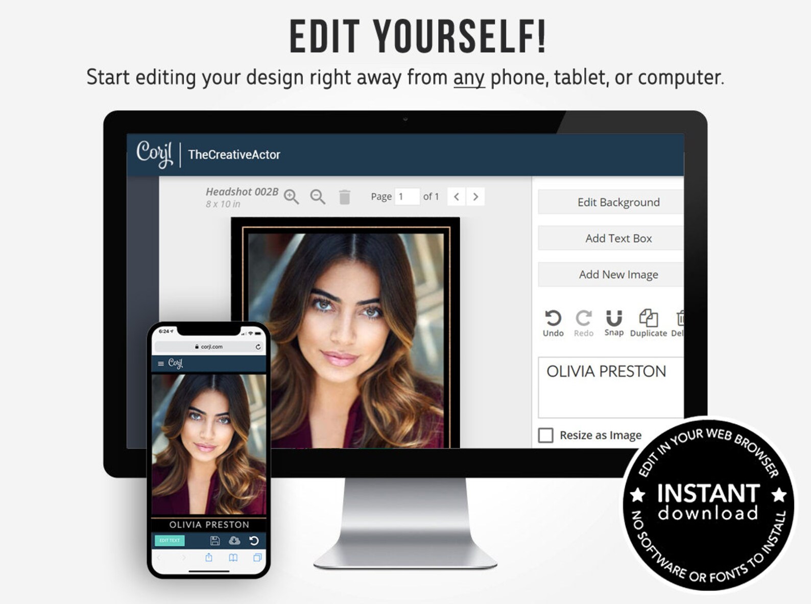 Rose Gold Frame | Acting Headshot Template | 8x10 Headshot Template ...