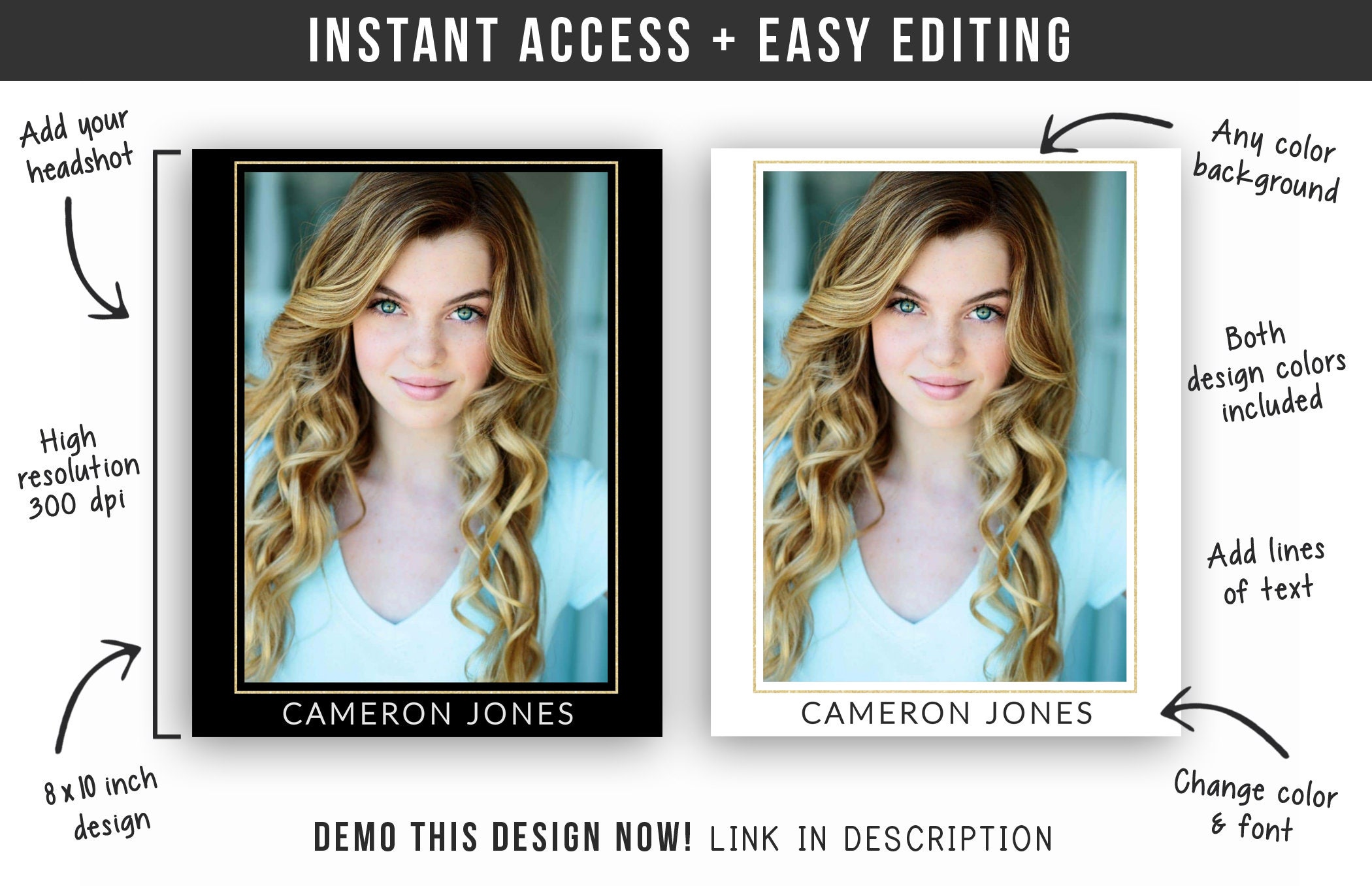 Gold Frame | Acting Headshot Template | 8x10 Headshot Template | Actor ...