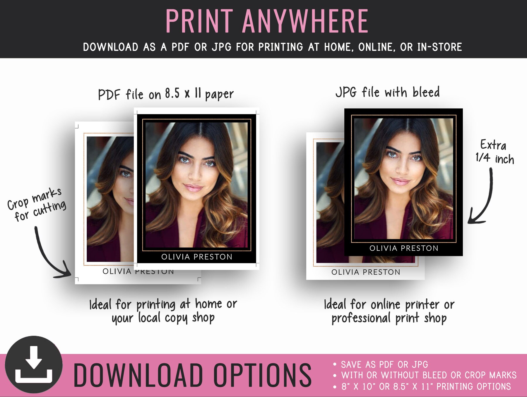 Rose Gold Frame | Acting Headshot Template | 8x10 Headshot Template ...
