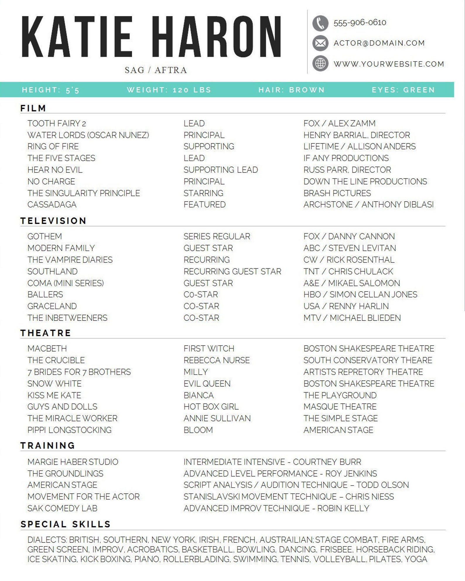 Actor Resume Template / 8 X 10 Acting Resume / Instant Digital Download ...